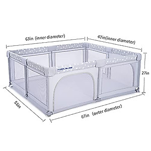 ANGELBLISS Baby Playpen, Large Baby Playard, Play Pens for Babies and Toddlers with Gate, Indoor & Outdoor Play Area for Infants, Kids Safety Play Yard with Star Print (Grey, 63"×47")