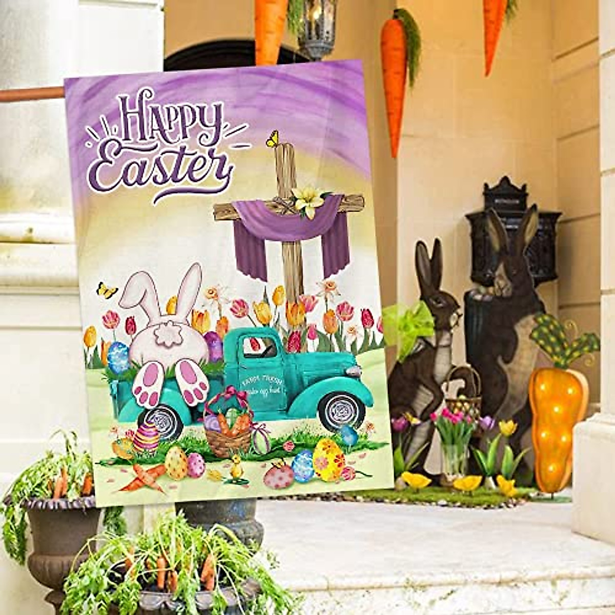 Easter Flag, Happy Easter Flags for Outdoors 28 x 40 Double Sided, Easter Bunny Eggs with Blue Truck Tulip Flowers Burlap House Flag, Holiday Spring Garden Yard Lawn Signs for Home Outside