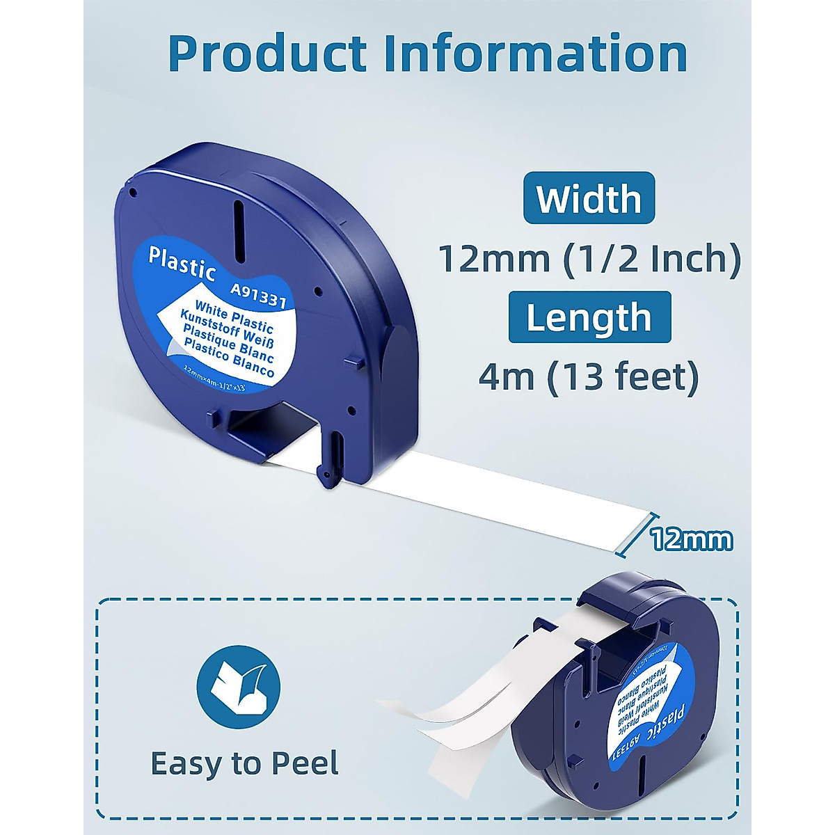 6 Pack Replacement for Dymo Label Maker Refills LetraTag Refills for Dymo 200B Plus LT100H LT100T QX50 Plastic Label Tape 16952 91331 91332 91333 91334 91335,12mm x 4m(1/2" x 13')