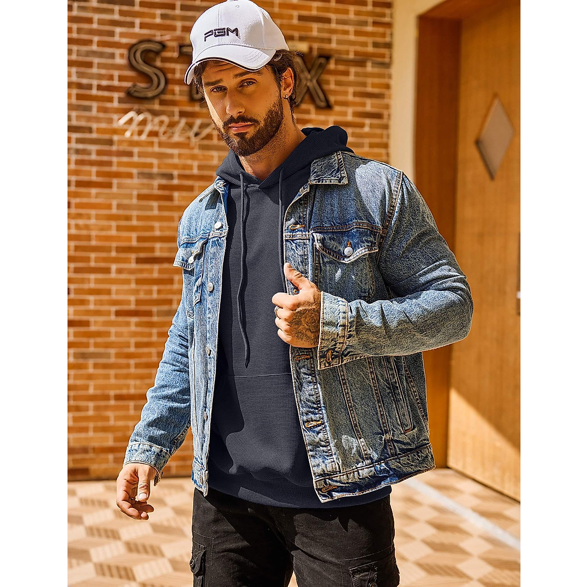 COOFANDY Men's Hooded Sweatshirts Long Sleeve Casual Pullover Hoodie Waffle Knit Sweatshirt with Pocket Dark Grey