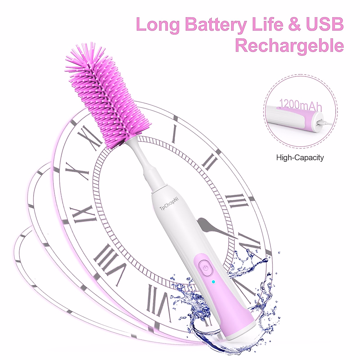 TpChapNi Electric Bottle Brush Cleaner,Electric Baby Bottle Brush Cleaner Set,Rechargeable with Replaceable Silicone Water Bottle and Nipple Brush Head,Straw Brush for Baby & New Moms (Purple)
