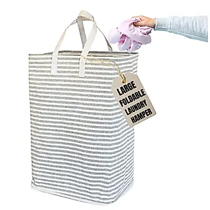 Evelots Large Laundry Hamper - Freestanding and Collapsible - Waterproof - Clothes, Toys Basket with Carry Handles - 80 Liters, 21 Gallon - Up to 4 Large Loads - Solid Wire Top Frame - Gray Striped
