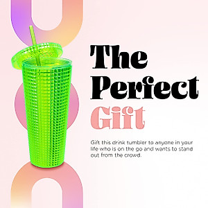 WEST & FIFTH Grid Plastic Cold-Cup Tumbler with Straw, Iridescent Semi-Transparent Square-Textured Cup, BPA-Free Double-Wall Cup for Iced Coffee, Cold Drinks, or Water, 24oz., Neon Green