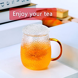 Tea Cup With Infuser and Lid, 19 OZ (560 ml), Amber Color Handle, Food Grade Borosilicate Glass Material, Resistant to Cold and Hot Shock, Hammered Texture Design, Loose Leaf Tea Cup