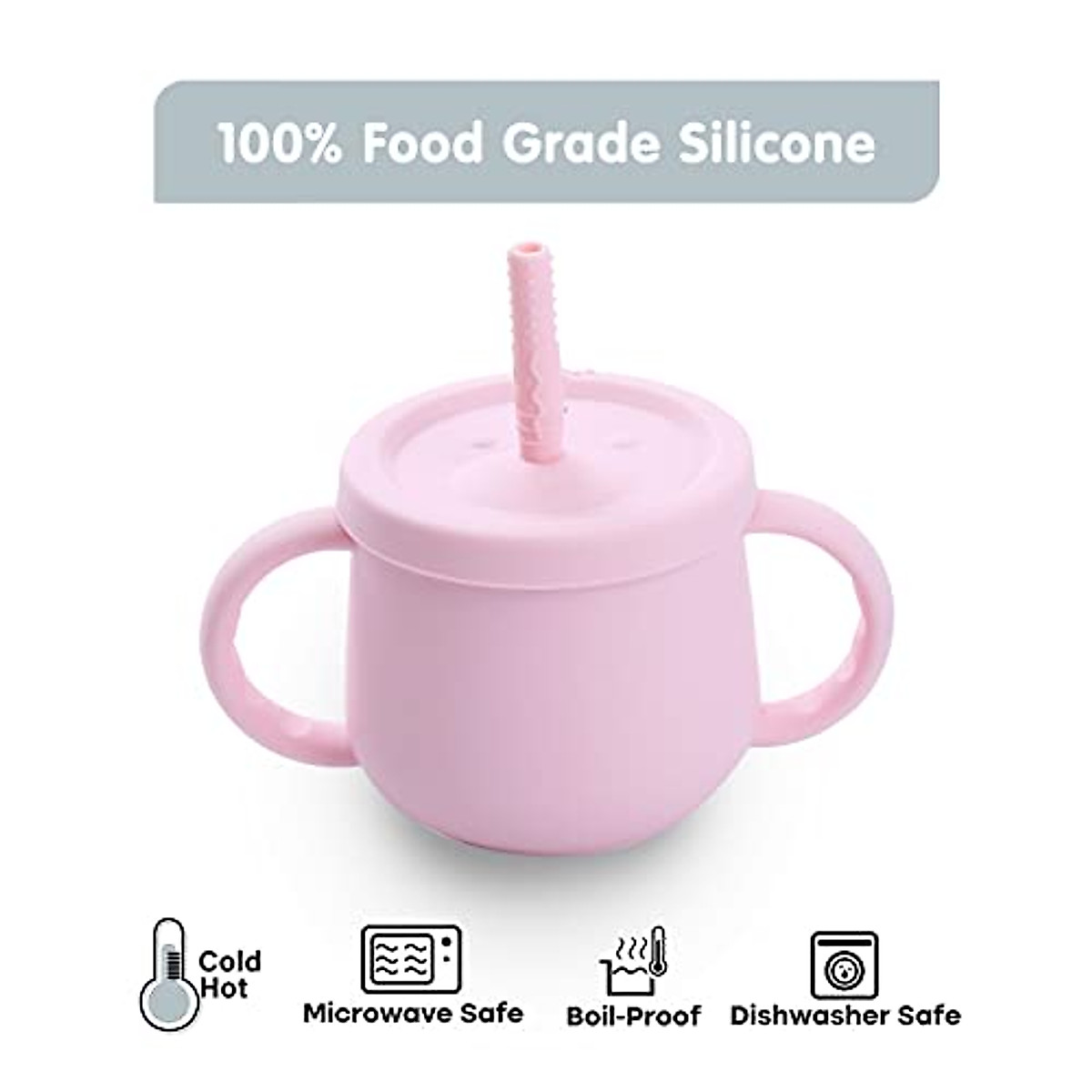 teanpoon 3-in-1 Silicone Baby Cup with Straw & Snack Cup Lid, Spill-Proof Sippy Cup for Toddlers 12M+, 8.5oz Capacity(pink)