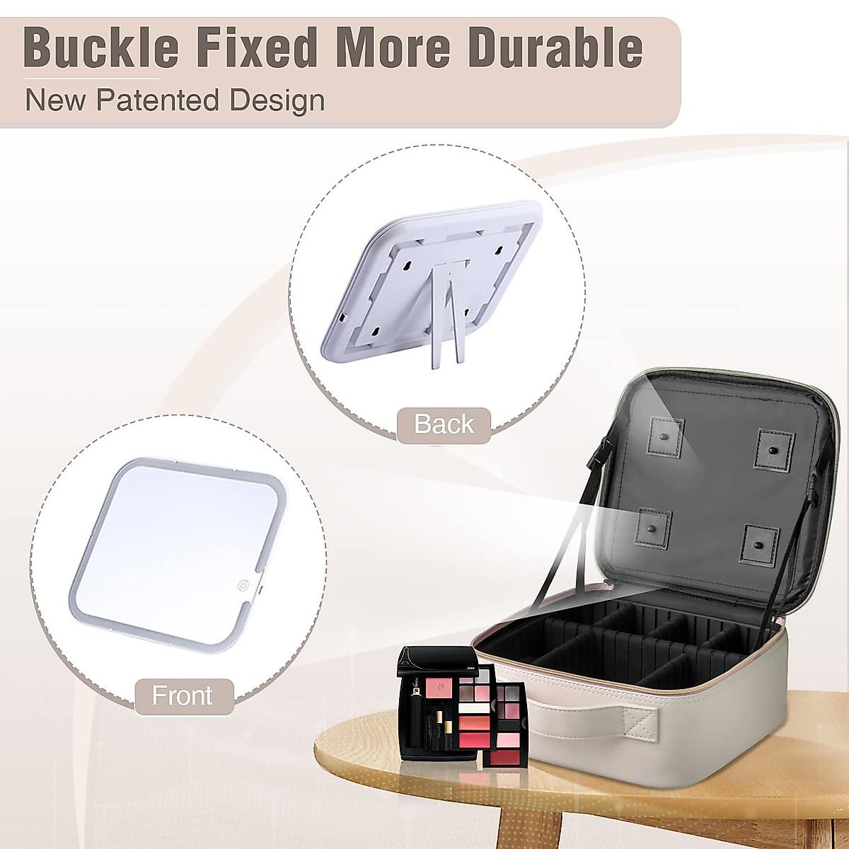 AZ GOGO Travel Makeup Bag with Light up Mirror, Makeup Train Case with Lighted Mirror 3 Color Brightness, Waterproof Portable Cosmetic Bag Organizer (Creamy White)