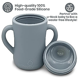 U-Neek baby Silicone Sippy Cup for Baby 6+ Months | Two Non Slip Handle Learner Cup for Toddlers | Transitional Training Cup for Baby Led Weaning and Independent Drinking 6.7oz | Baby Gift (Sea Blue)