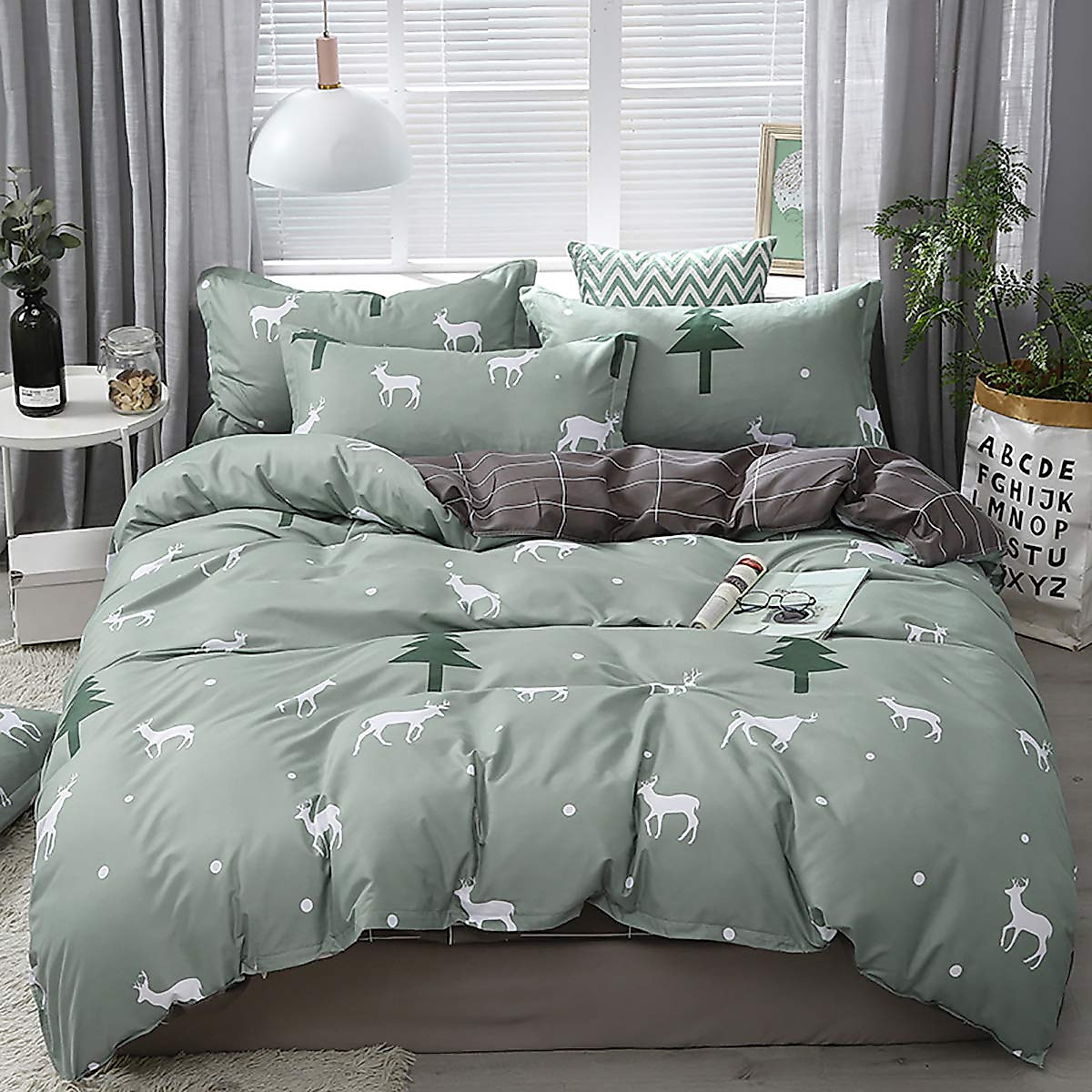 Omelas Kids Sage Green Duvet Cover Set Queen Size Christmas Cartoon Animal Elk Deer Tree Printed Bedding with Black Rectangle Plaid 3 Pieces Soft Microfiber Comforter Cover for Girls Boys (SLXL,Q)