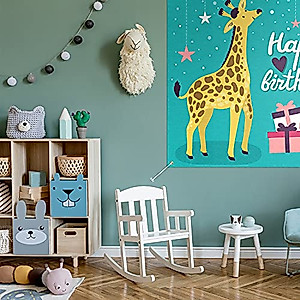 5665 Happy Birthday Backdrop Banner Decor Mint Green – Giraffe Animals Theme Happy Birthday Party Decorations for Boys Girls Supplies