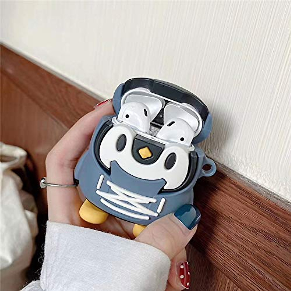 ICI-Rencontrer Compatible with Earbuds Case Airpods 1 & 2, Cute Kawaii Fleece Penguin Design Cartoon Soft Silicone Wireless Earphone Skin Shockproof Protective Case Hook