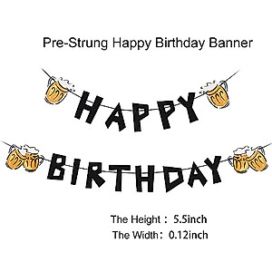 Happy Birthday Banner, Felt Birthday Banner Black Birthday Banner with Beer Mugs Happy Birthday Decorations for Men Women Pre-Strung Happy Birthday Banner