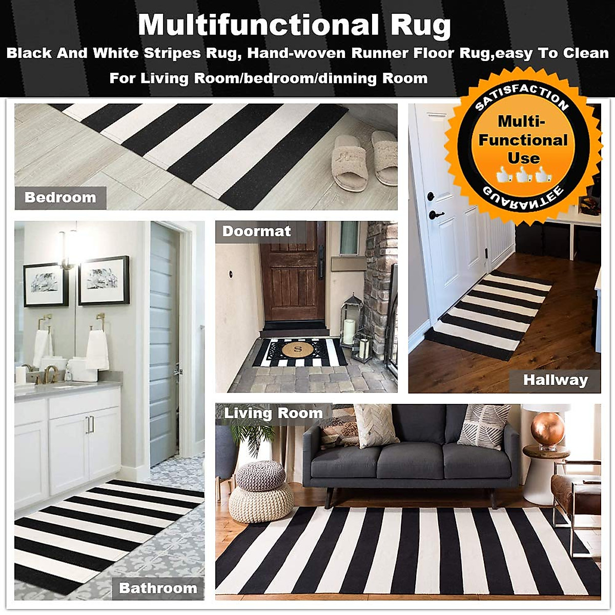 KaHouen Cotton Black and White Striped Rug (27.5 x 43 Inches), Washable Hand-Woven Stripe Outdoor Front Door Mat for Layered Door Mats/Porch/Kitchen/Bathroom/Laundry Room.