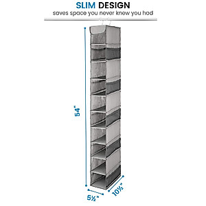ZOBER Hanging Shoe Organizer for Closet, 10 Shelves - Hanging Shoe Rack W/ Side Pockets - Narrow, Space Saving, Durable