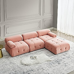 FANYE Pink Velvet Button Tufted L-Shaped Comfy Cute Sectional Sofa Couch DIY Combination w/3 Single Seats and Movable Ottoman, Modern Convertible Modular Sofa&Couch Cloud Deep Seater Sofá, 93"