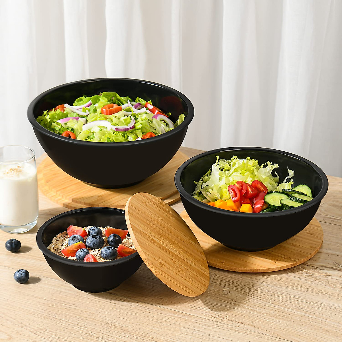 GEHE Salad Bowl with Lid, 10" Large Mixing Bowls with Lids Set, Bamboo Salad Bowl Set of 3, Salad Serving Bowl Set for Salad, Fruits, Pasta, Popcorn, Chips, Vegetables and Dishwasher Safe