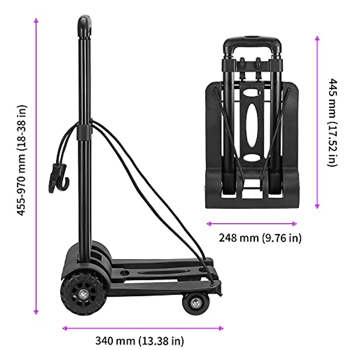 Folding Hand Truck, JEUIHAU 88 Lbs Capacity 4 Wheels Heavy Duty Roll Luggage Cart with Bungee Cord and Bag, Portable Luggage Cart for Travel, Shopping Moving, Luggage, Office