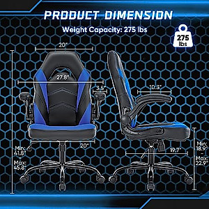 OLIXIS Ergonomic Office Computer Gaming Chair with Lumbar Support Flip-up Arms Adjustable Height PU Leather Swivel with Wheels, 25.98D x 25.39W x 41.73H, Blue