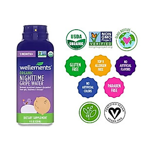 Wellements Organic Nighttime Gripe Water for Babies 1 Month+ (4 Fl Oz) - Baby Gripe Water for Bedtime Relief Gas, Colic & Fussiness - Herbs Promote a Peaceful Night’s Sleep - USDA Certified & Non GMO