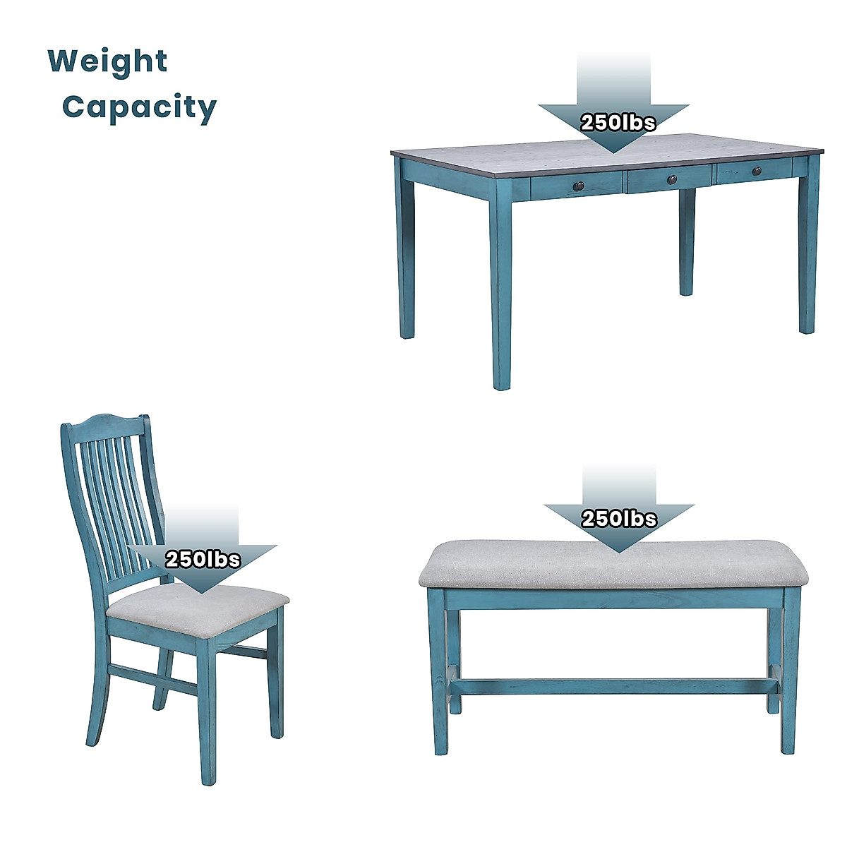Merax Mid-Century 6-Piece Wood Dining Table Set with Drawer, 4 Upholstered Chairs and Bench, Antique Blue