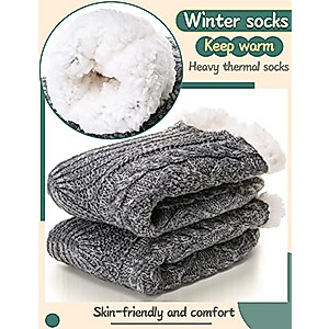 Fuzzy Slipper Socks for Women Fluffy Cozy Cabin Fleece Winter Warm Plush Home Thick Comfy Grips Non Slip Socks Christmas Gift Stocking Stuffer（Knit- Grey Blue）