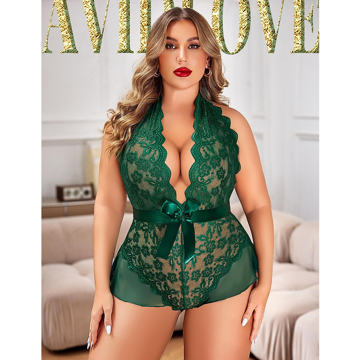 Avidlove Plus Size Lingerie for Women Halter Lace Bodysuit One Piece Babydoll Dark Green 16 Plus