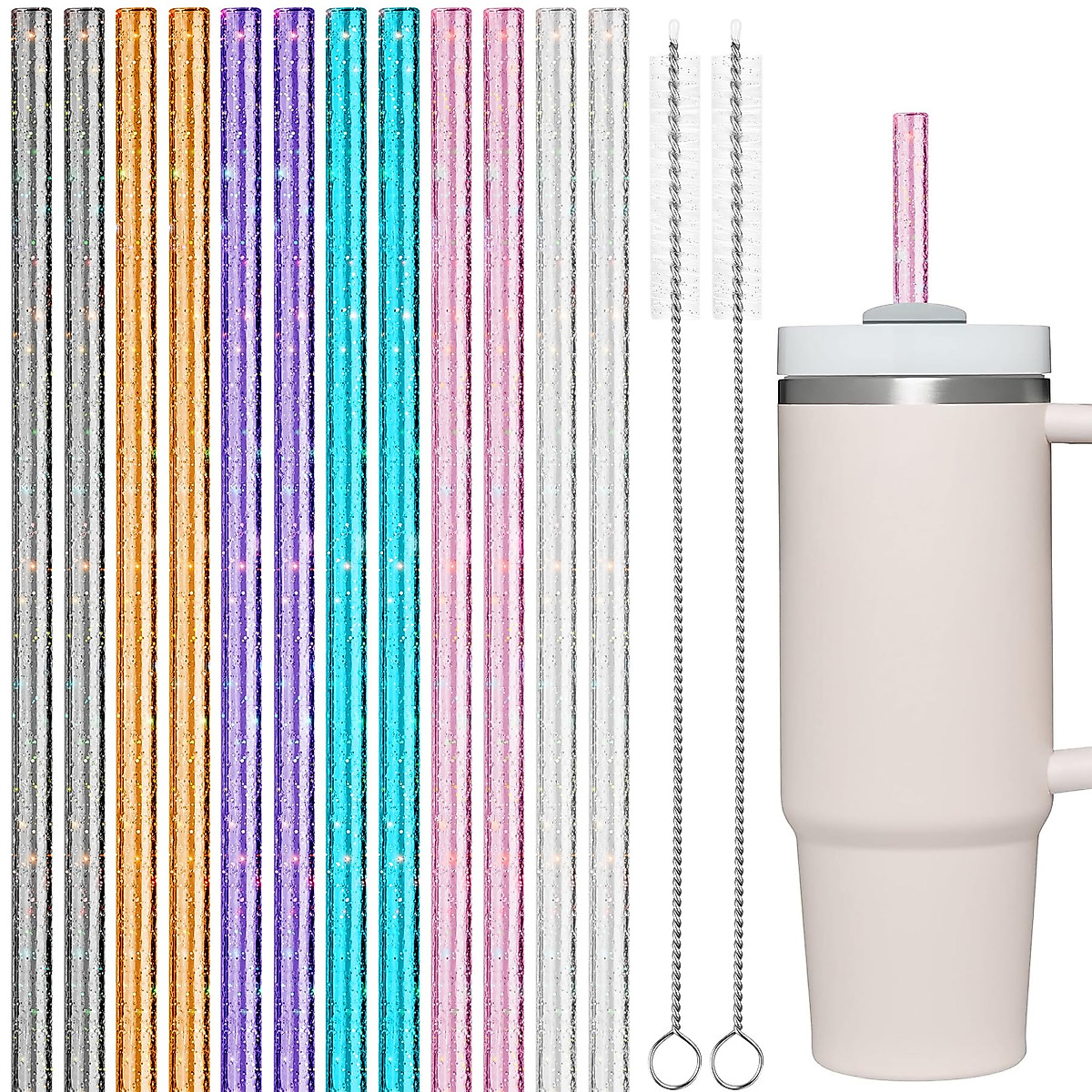 NiHome 40oz Straws, 12 Pack Glitter Plastic Replacement Straws for Stanley 40 oz Tumbler, 0.32’’ Diameter Reusable Straws 12’’ Long with 2 Brushes - Durable PETG, BPA-Free, w/Laser-Induced Sparkle