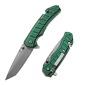 FLISSA Folding Pocket Knife, Tactical Knife with Liner Lock, Tanto Blade, Pocket Clip, Glass Breaker, Seatbelt Cutter, Perfect for Hunting, Camping, Survival (Green)