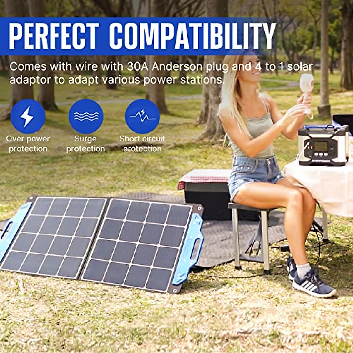 ATEM POWER 100W Portable Solar Panel Foldable Monocrystalline Solar Panel with Adjustable Kickstand Efficient Charge for 12V Battery Power Station for RV Overland Marine Outdoor Camping