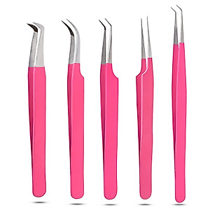 My Lash Tools - Fiber Tip Lash Tweezers for Eyelash Extensions Professional SET OF 4 Isolation, Curved & Volume Tweezers set Japanese Steel Eyelash Supplies (Matte Pink)