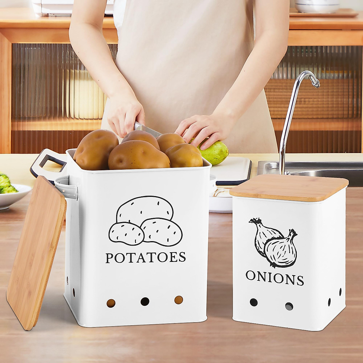 Candco Set of 2 White Vegetable Storage Tins with Wooden Lids for Potatoes, Onions, and Garlic - Long Shelf Life and Convenience