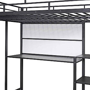 DNYN Full Size Loft Bed with Desk & Ladder for Kids Bedroom,Multifunctional Metal Bedframe w/Shelves & Whiteboard & Safety Rail Design,Space Saving & No Box Spring Needed, Black