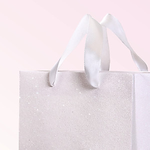 PAPER FAIR 12Pcs Embossed Crystal White Glitter Gift Bags with 24 Tissue Paper Bulk, M 9x7 Inch, Christmas Valentines Day Gift Wrap Bag, Wedding Bridal Shower Favor Bag Gift Packaging, Holiday