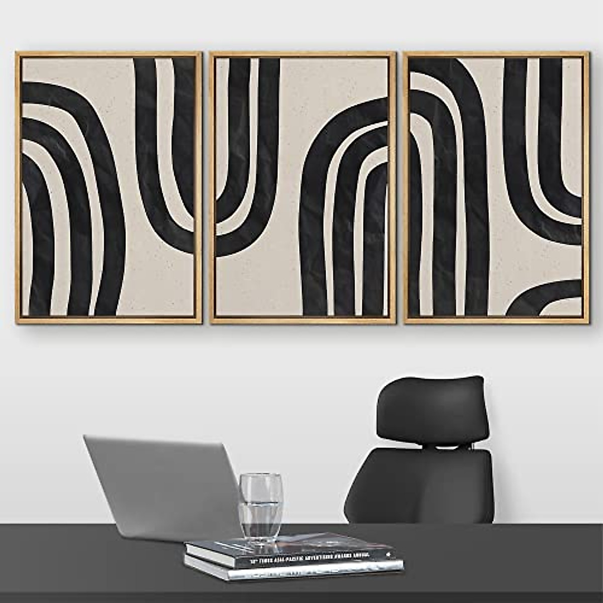 wall26 Framed Canvas Wall Art Print Set Black & Tan Spiral Polygon Collage Abstract Patterns Illustrations Modern Art Mid-Century Modern Colorful for Living Room, Bedroom, Office - 16"x24"x3 Natural