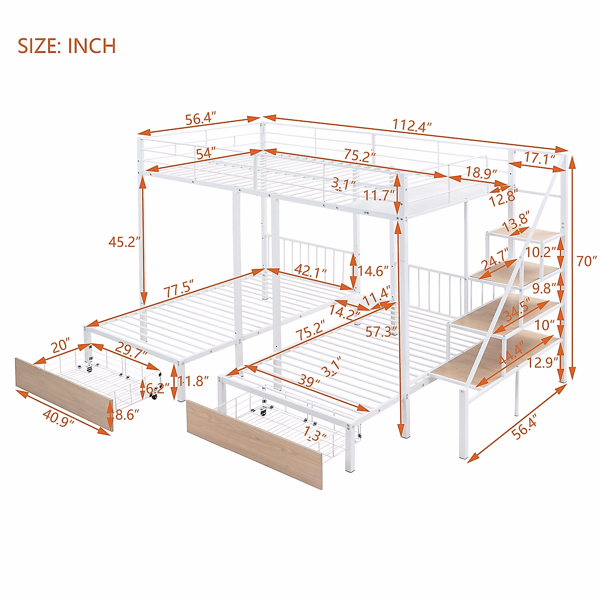 BIADNBZ Full Over Twin & Twin Triple Bunk Bed for 3,L-Shaped Metal Detachable Bunkbed Frame with Storage Stairs and 2 Drawers for Kids Teens Adults Bedroom,Space-Saving,White