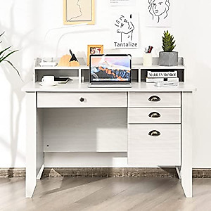 Tangkula White Desk with 4 Storage Drawers & Hutch, Home Office Computer Desk Vintage Desk with Storage Shelves, Wooden Executive Desk Writing Study Desk (White)