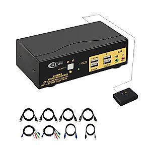 CKLau 4K@60Hz 2 Port Dual Monitor KVM Switch Displayport with Audio, USB 2.0 Hub and Cables, DP 1.2 KVM Switch 2 Monitors 2 Computers Support Hotkey Switching