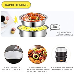 3 Layers Electric Warmer Lunch Box Food Heater Portable Bento Rice Cooker Office Lunch Containers Warming Home Food Grade Material Steamer with Stainless Steel Bowls, Egg Steaming Rack -Brown