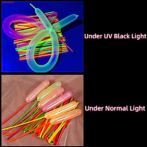 100Pcs UV Neon Long Skinny Balloons, Twisting UV Black Light Glow in the Dark Luminous DIY Modeling Magic Latex Balloon for Birthday Wedding Anniversary Graduation Blacklight Neon Party Decoration