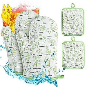 Cunhill 4 Pcs Oven Mitts and Pot Holders Set Sage Green High Heat Resistant 300 Degree Heat Spring Kitchen Cotton Oven Glove with Hanging Loops for Baking Cooking BBQ