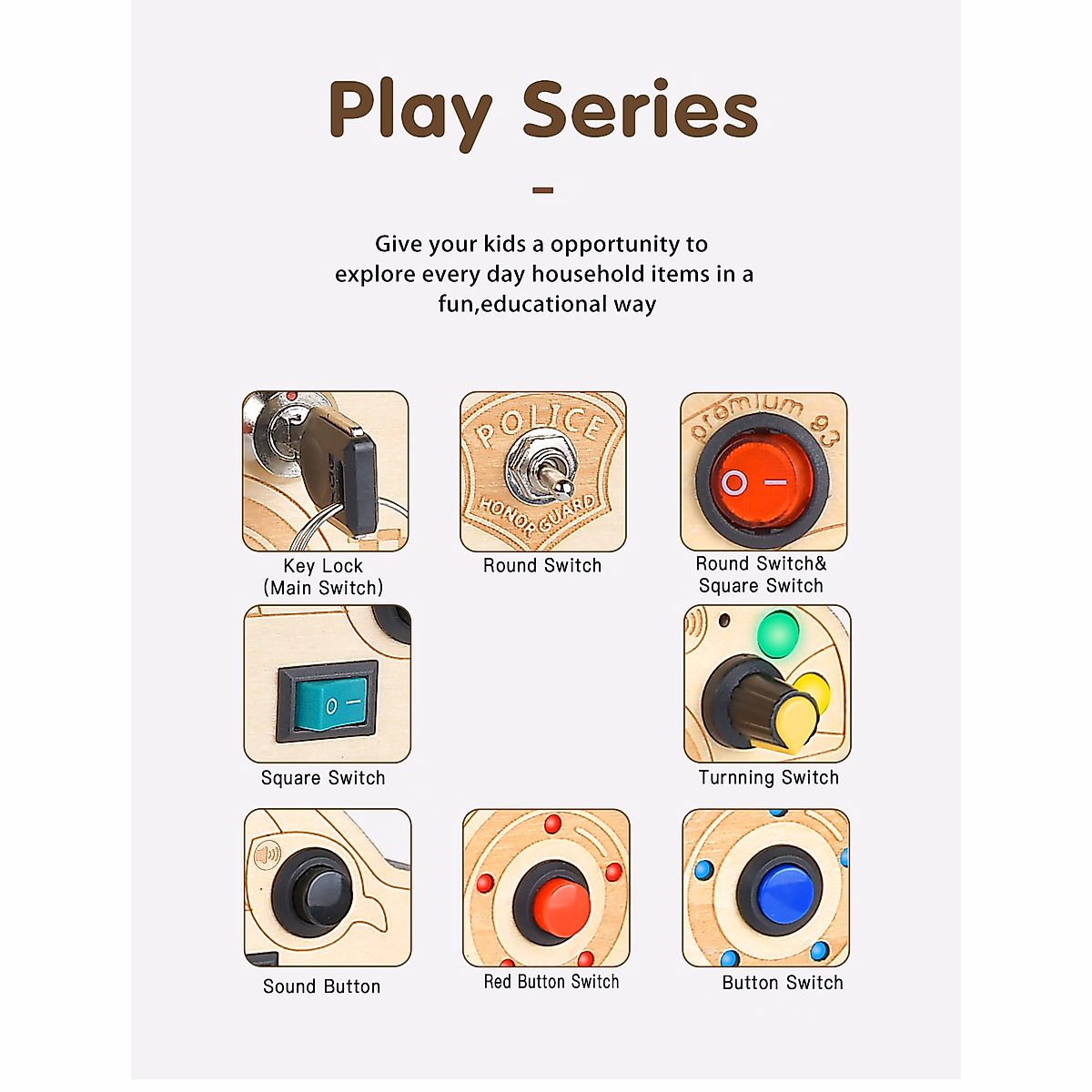 HOOLYUK Busy Board for 3+ Year Old Toddler, Wooden Car Sensory Toy for Autistic Children with LED Light Switches and Toggle Switch, Portable Fidget Toy Great for Travel