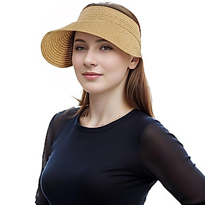 Straw Sun Visors Womens, Ponytail Beach Straw Visor, Packable Summer Sun Hats for Women Travel Khaki