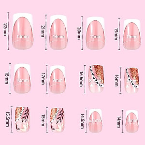 24 Pcs Press On Nails, Gel Nail Kit, Women's French Shrub Leaves False Nails, Full Cover False Nails Easy Home DIY Manicure with Square Nails Glue, Prep Pad, Mini Nail File, Nail Remover Stick