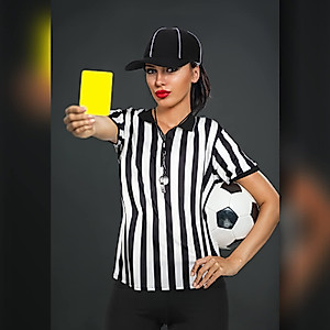 Women Referee Costume Black and White Stripe Ref Shirt Jersey Shorts Referee Hat for Carnival Party Halloween Cosplay Party (Small)