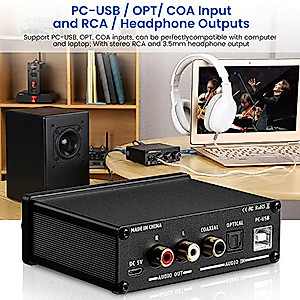 AIYIMA DAC-A2 Headphone Amplifier DAC with Bass Treble Controls PC-USB/Optical/Coaxial Inputs, RCA/3.5mm Headphone Ouput Digital to Analog Desktop Audio Converter 5V 24Bit 192kHz