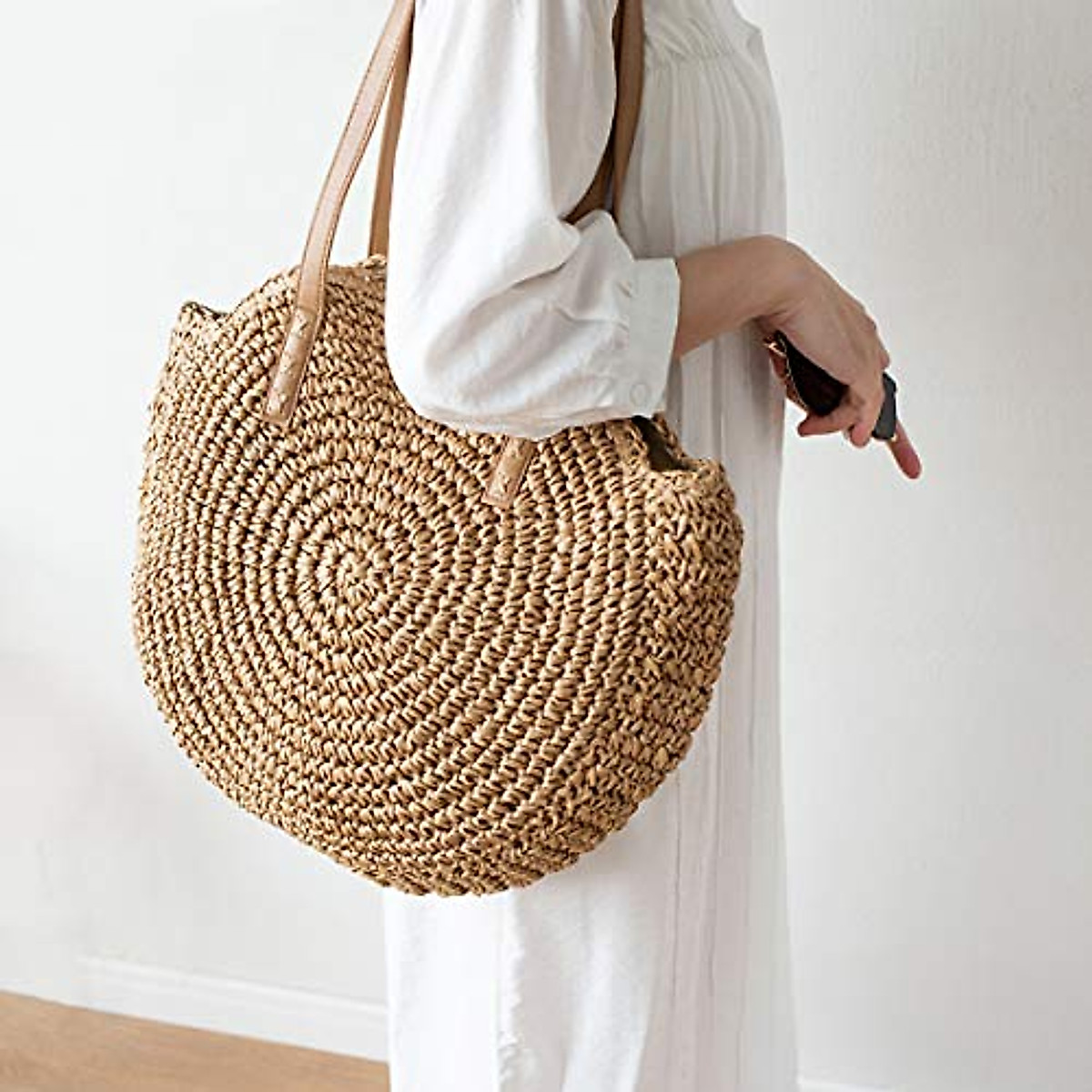 Straw Handbags Women Handwoven Round Corn Straw Bags Natural Chic Hand Large Summer Beach Tote Woven Handle Shoulder Bag (Khaki)
