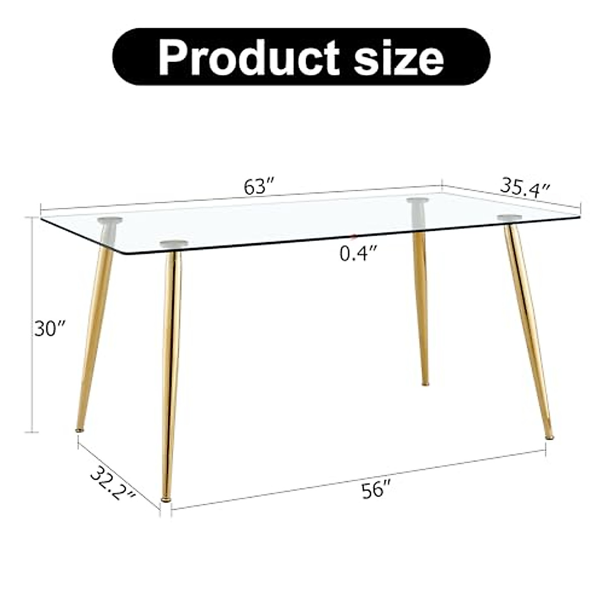 VENBER Rectangle Glass Dining Table with Gold Legs, 63" Modern Transparent Tempered Glass Desktop,End Tables Center Table for Living Room,Dining Room, Tea (Gold)