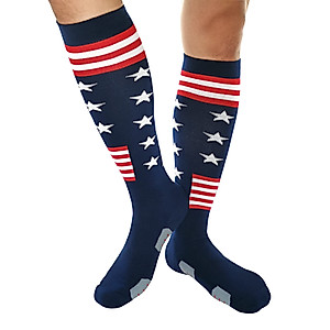 BUENWAZ Knee High American Flag Baseball Socks for Men Athletic Cushioned Patriotic Over the Calf Socks for Softball Football Soccer (Stars & Stripes)