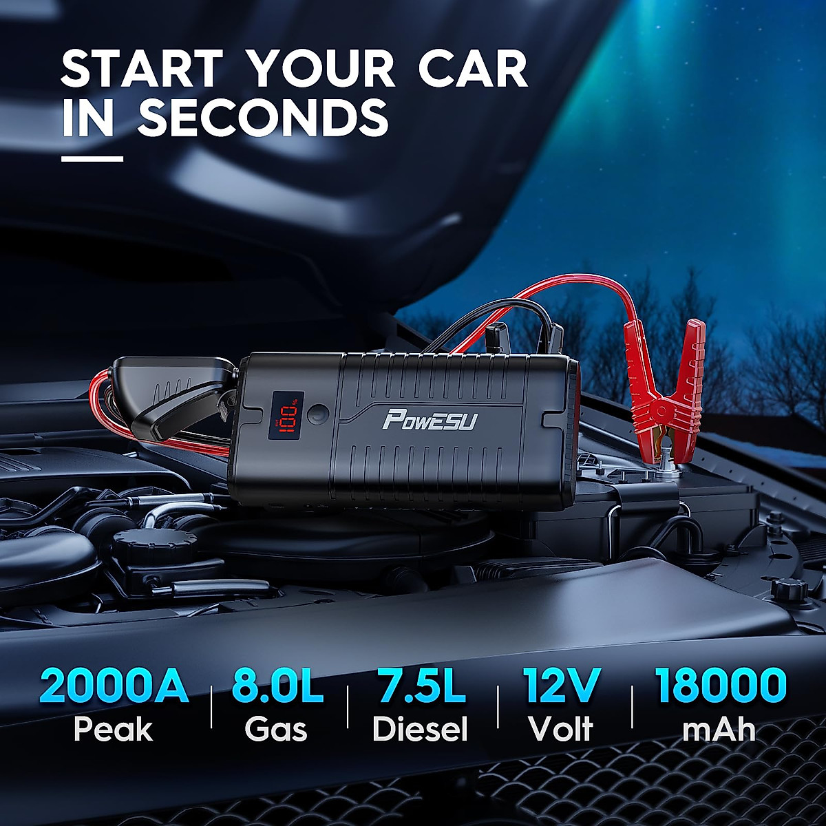 POWESU Jump Starters 2000A 18000mah (Up to 8.0L Gas or 7.5L Diesel Engine) 12V Auto Car Portable Battery Booster Jumper Cable Power Box Pack