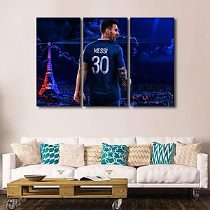 TISHIRON Soccer Superstar Messi PSG Poster Canvas Wall Art Decorative Paintings Sports Theme Design 3 Piece Home Decor Modern Aesthetics Bedroom Gym Decoration Framed Ready to Hang 36x24 in