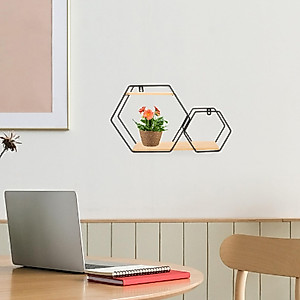 Uonlytech Hexagonal Storage Rack Metal Wall Shelf Wood Wall Shelves Hexagon Shelves for Wall Floating Shelves for Plants Metal Shelf Metal Floating Shelf Wall Shelves Wood Wall Shelving